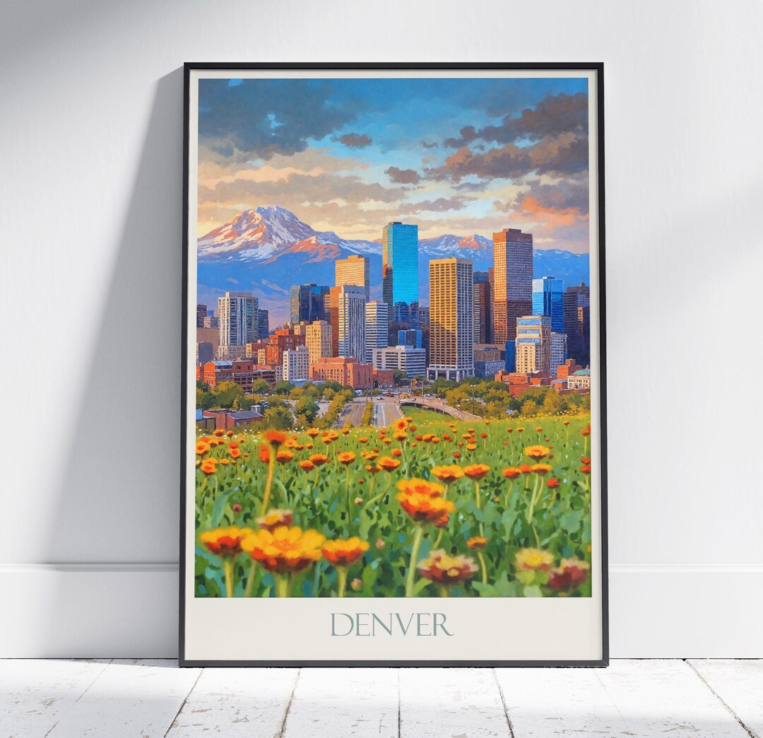 Denver Travel Poster: Colorado Skyline, Wildflower Field Art Print - Etsy