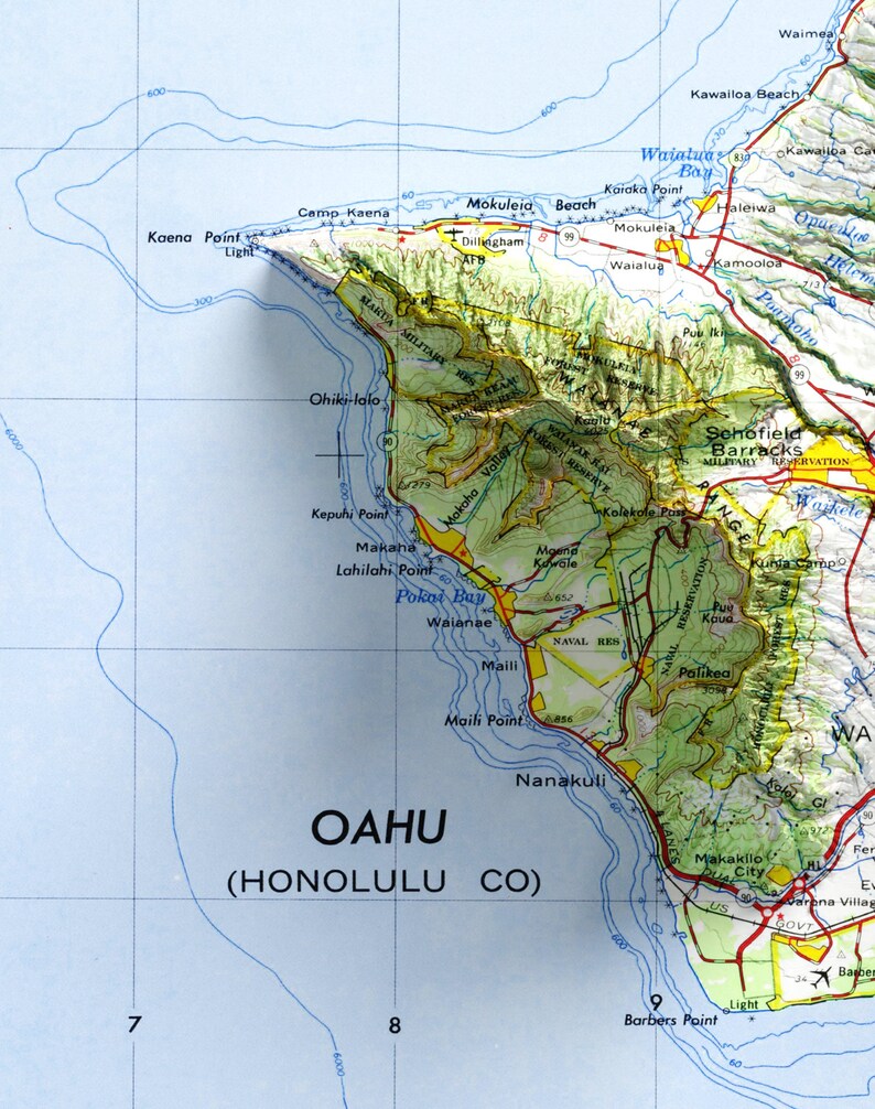 Oahu, Hawaii Map Vintage Shaded Relief Flat 2D Print Poster Wall Art ...