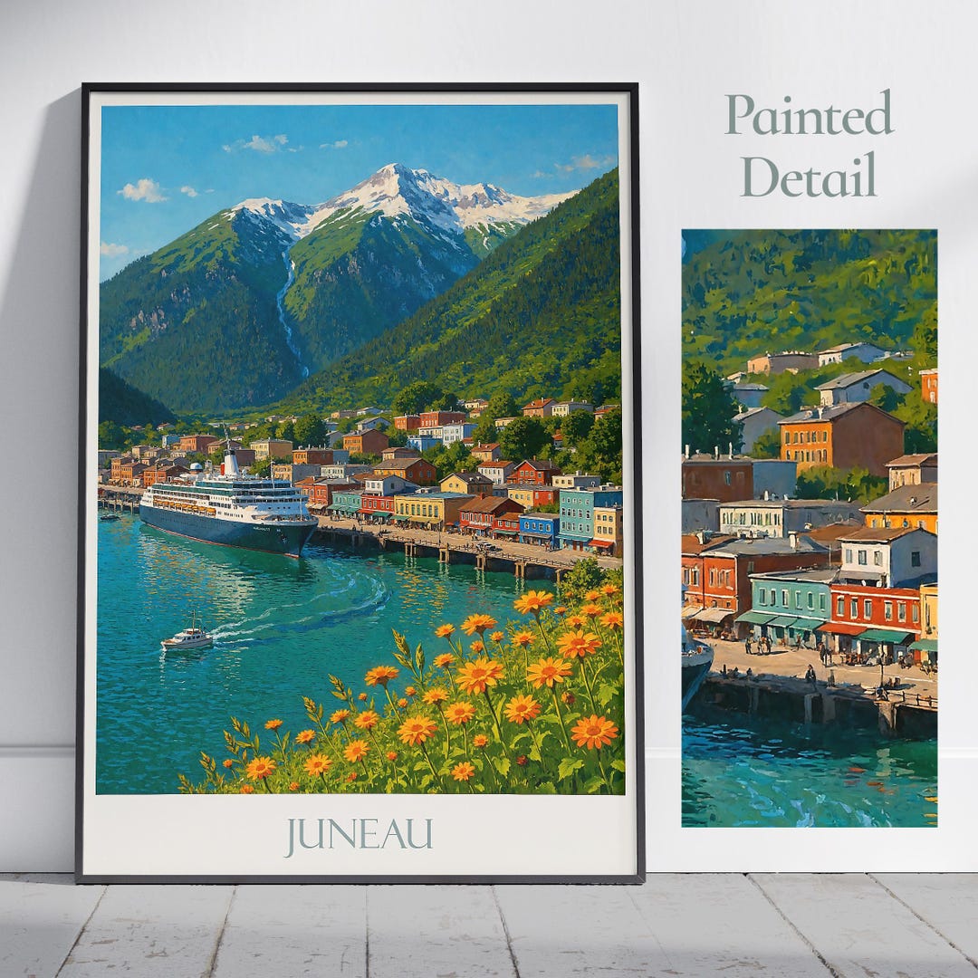 Juneau Travel Poster | Alaska Cruise Port Art Print | Painted Cityscape ...