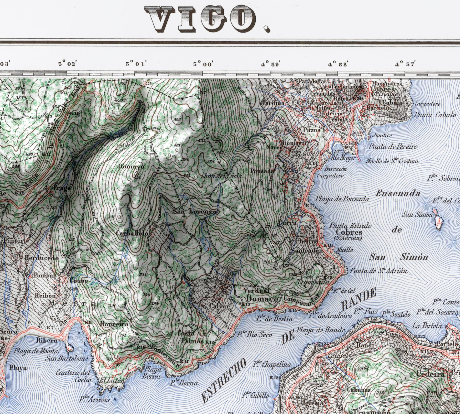 Vigo, Spain Vintage Shaded Relief Flat 2D Map Print Poster Wall Art ...