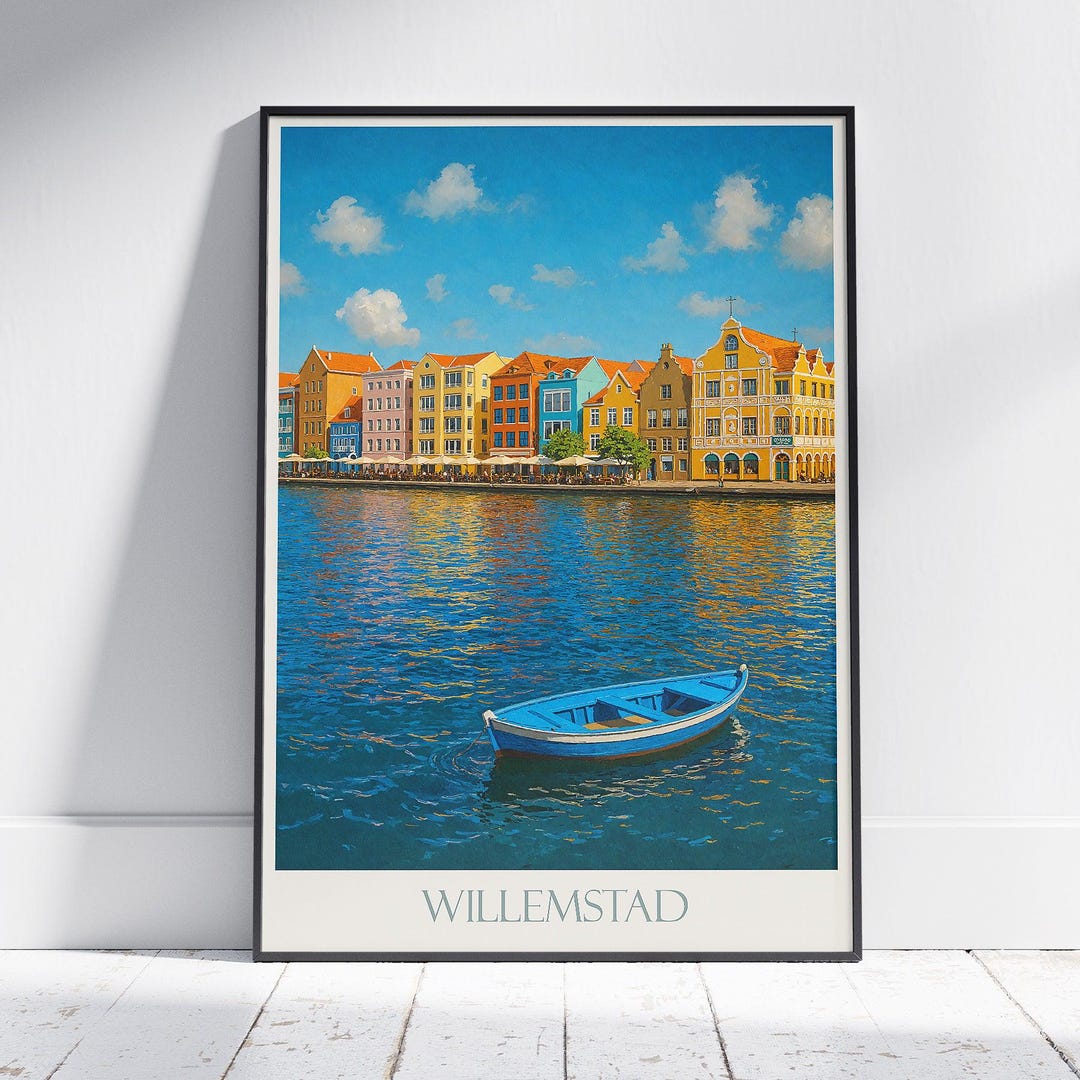 Curaçao Travel Poster: Willemstad Handelskade, Colorful Waterfront ...