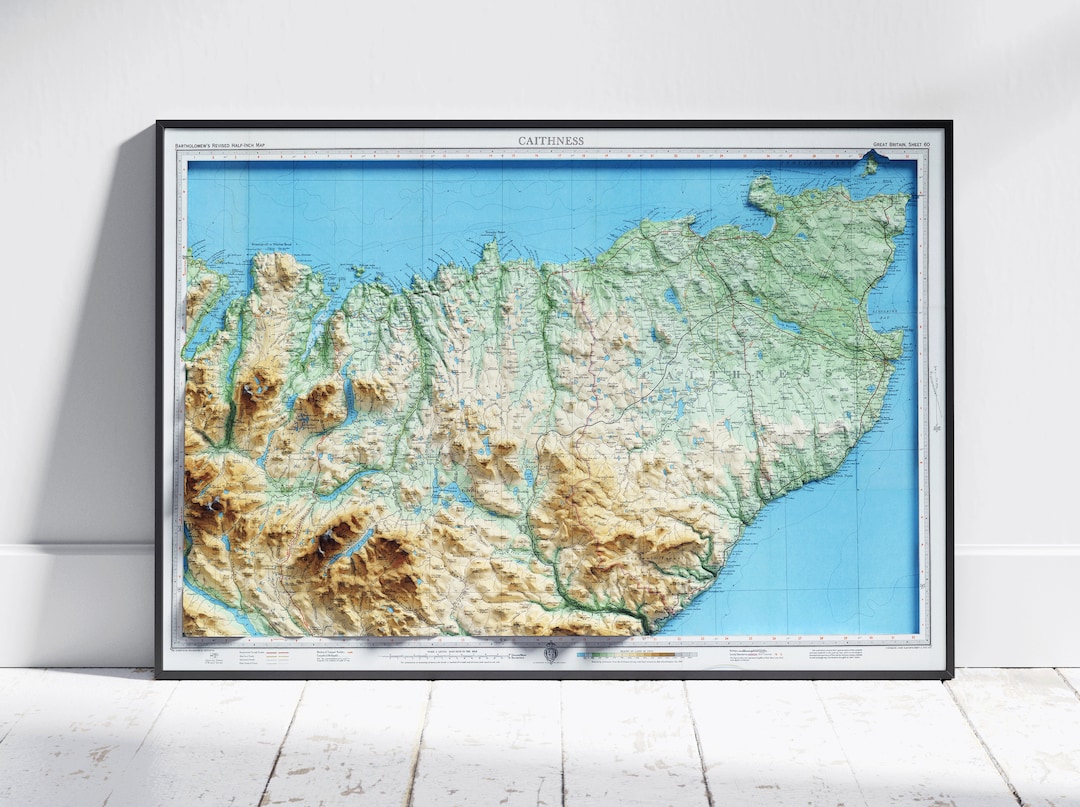 Caithness, Scotland ~ Flat 2D Shaded Relief Map Vintage Atlas Style ...