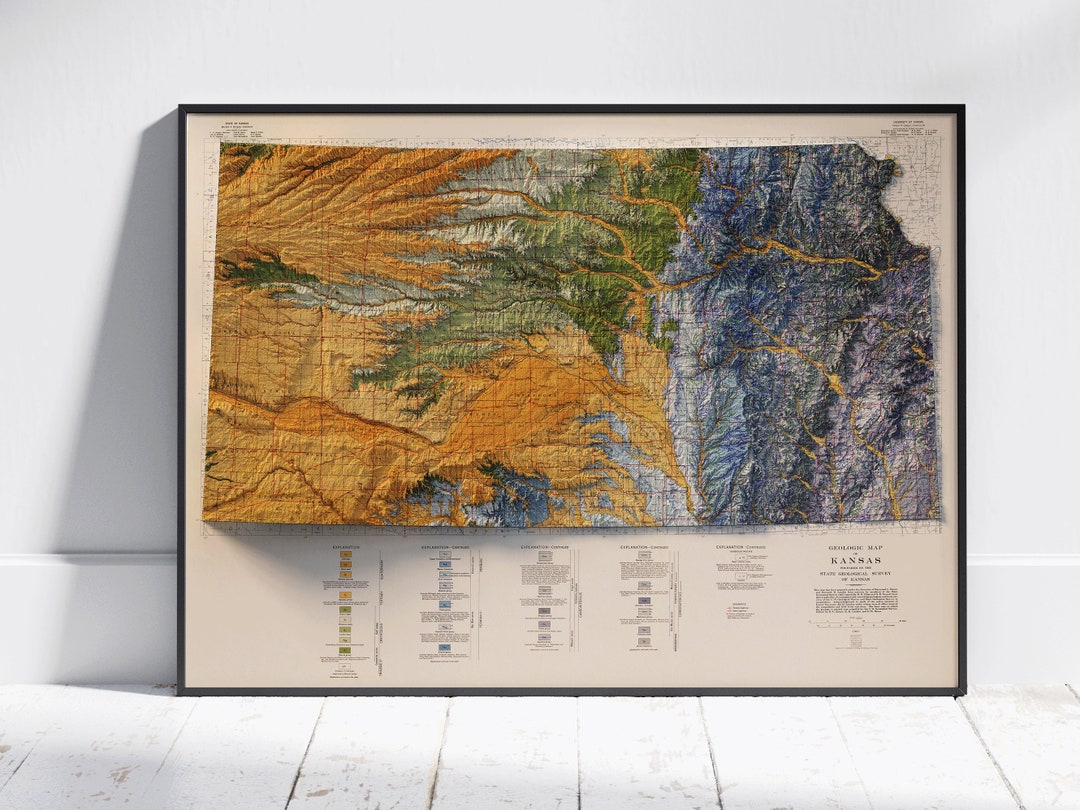 Kansas Vintage Geological Map Shaded Flat 2D Print ~ Poster Wall Art ...