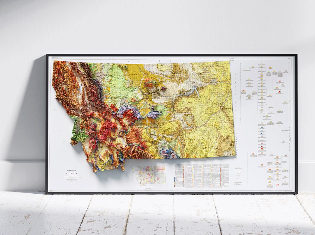 Montana Flat 2D Geological Shaded Relief Map ~ Print Poster Wall Art ...