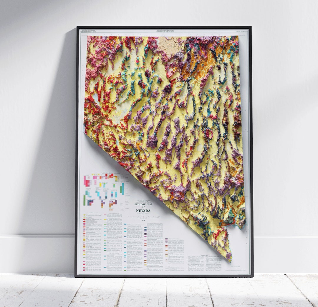 Nevada Vintage Geological Map Print ~ Flat 2D Shaded ~ Poster Wall Art ...