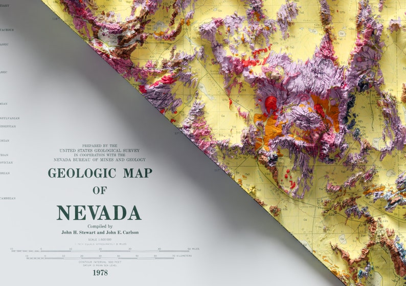 Nevada Vintage Geological Map Print Flat 2D Shaded Relief Poster Wall ...