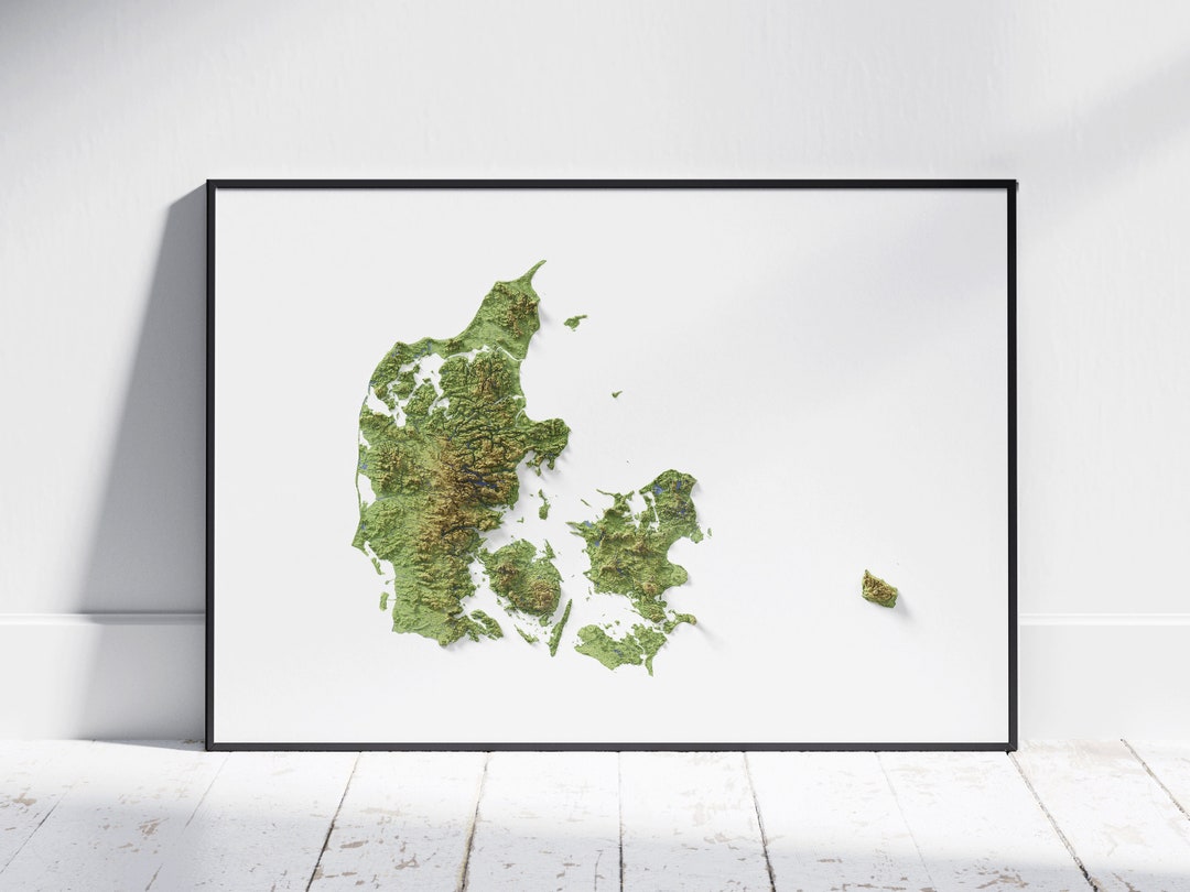 Denmark Map ~ Flat 2D Topographic Print ~ Shaded Poster Wall Art Modern ...