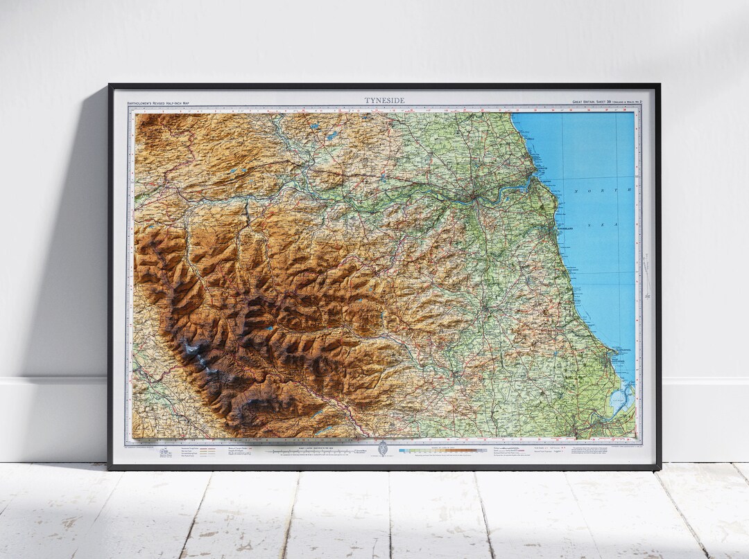 Tyneside & Pennines Vintage Map 2D Shaded Relief UK Print Poster Wall ...