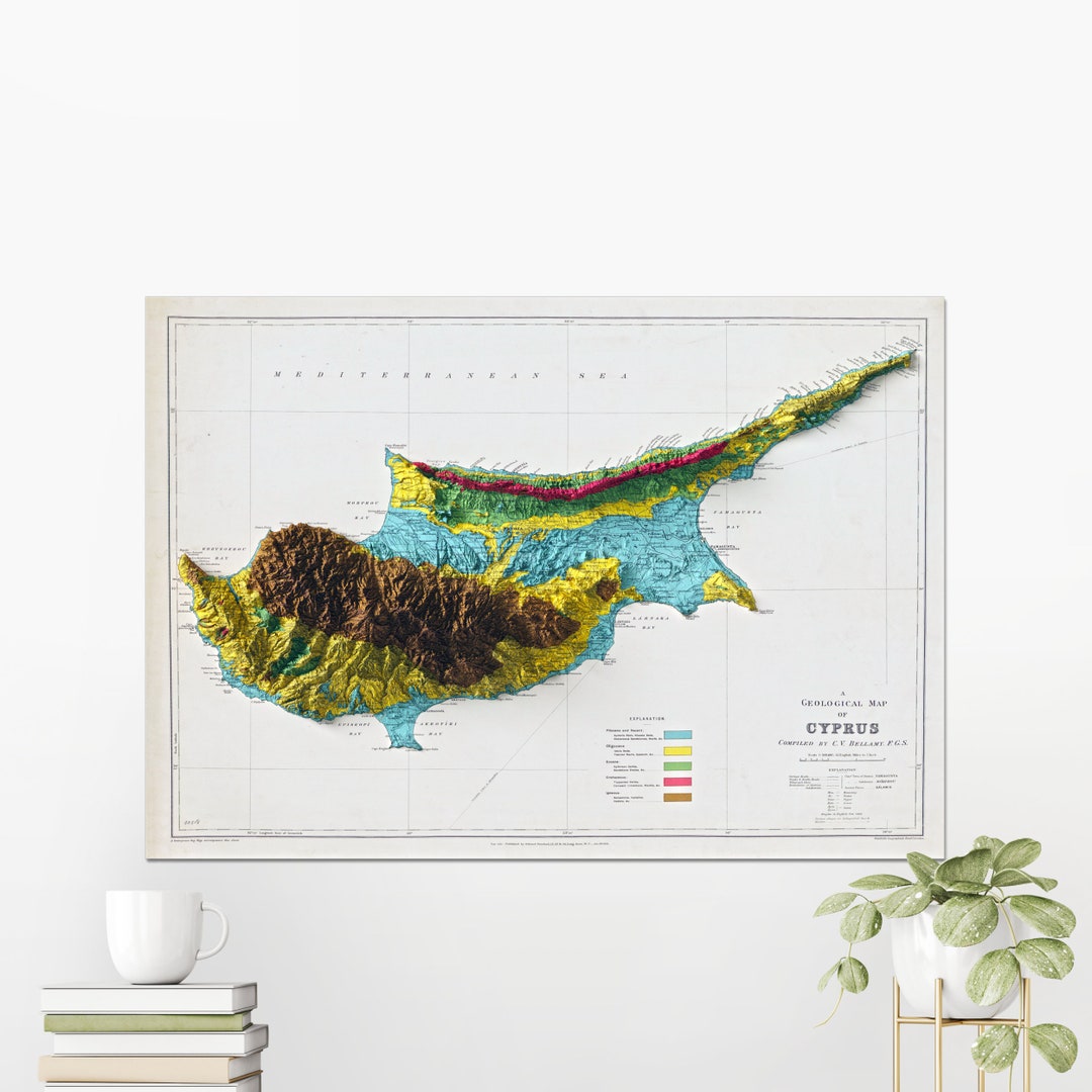 Cyprus Geological Map ~ Flat 2D Shaded Relief Vintage Atlas Style Print ...