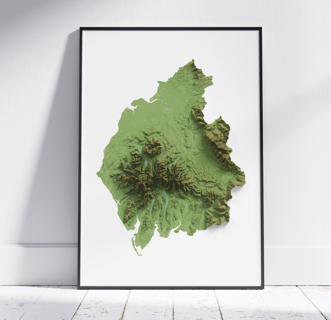 Cumbria 2D Relief Map Print ~ Topographic Shaded Relief Poster Wall Art ...