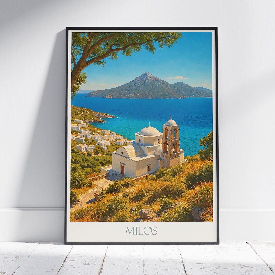 Milos Greece Travel Poster: Plaka Village Church Painted Art Print - Etsy