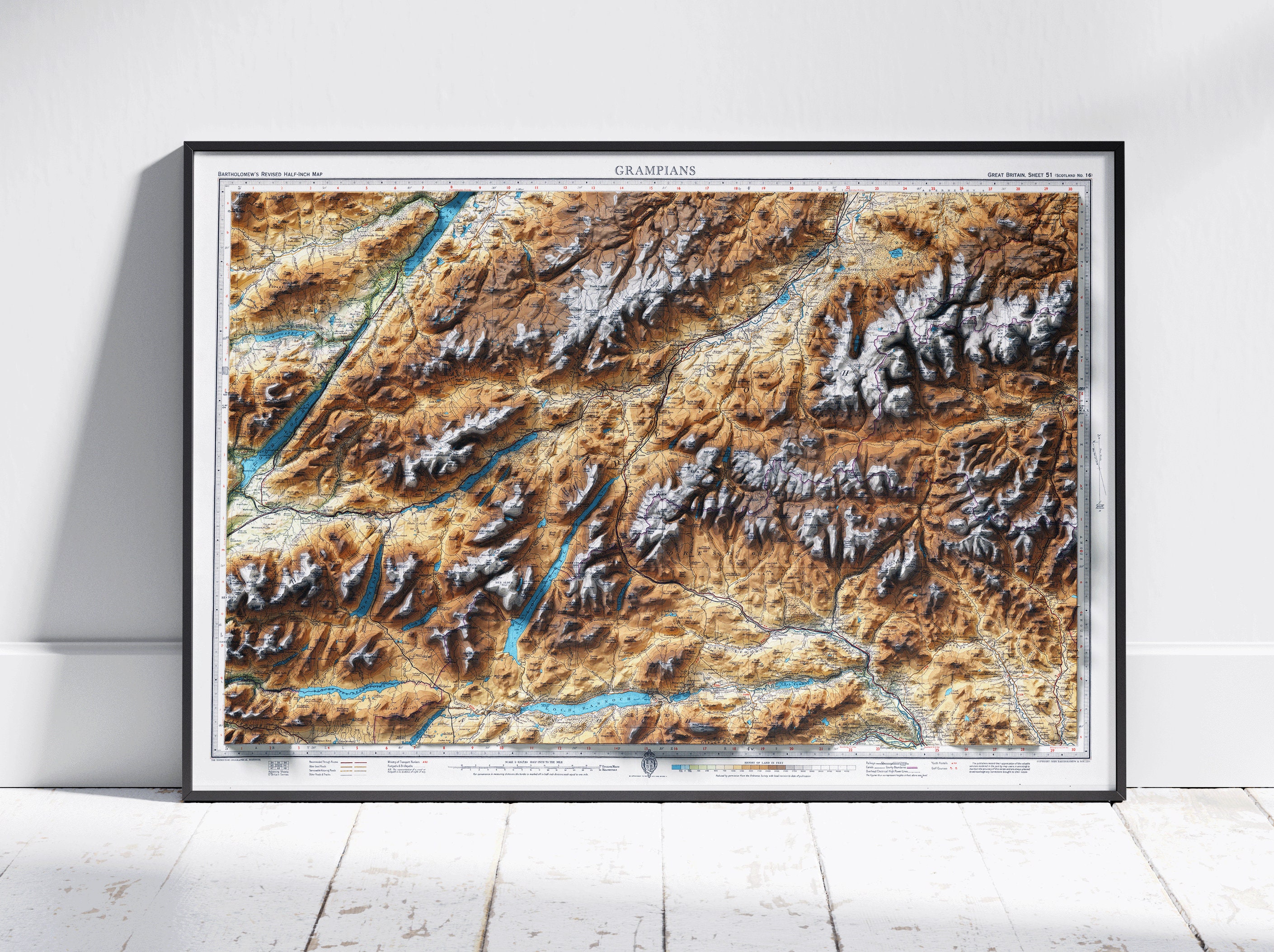 Grampian Mountains, Scotland Vintage Map Flat 2D Shaded Relief UK Print ...