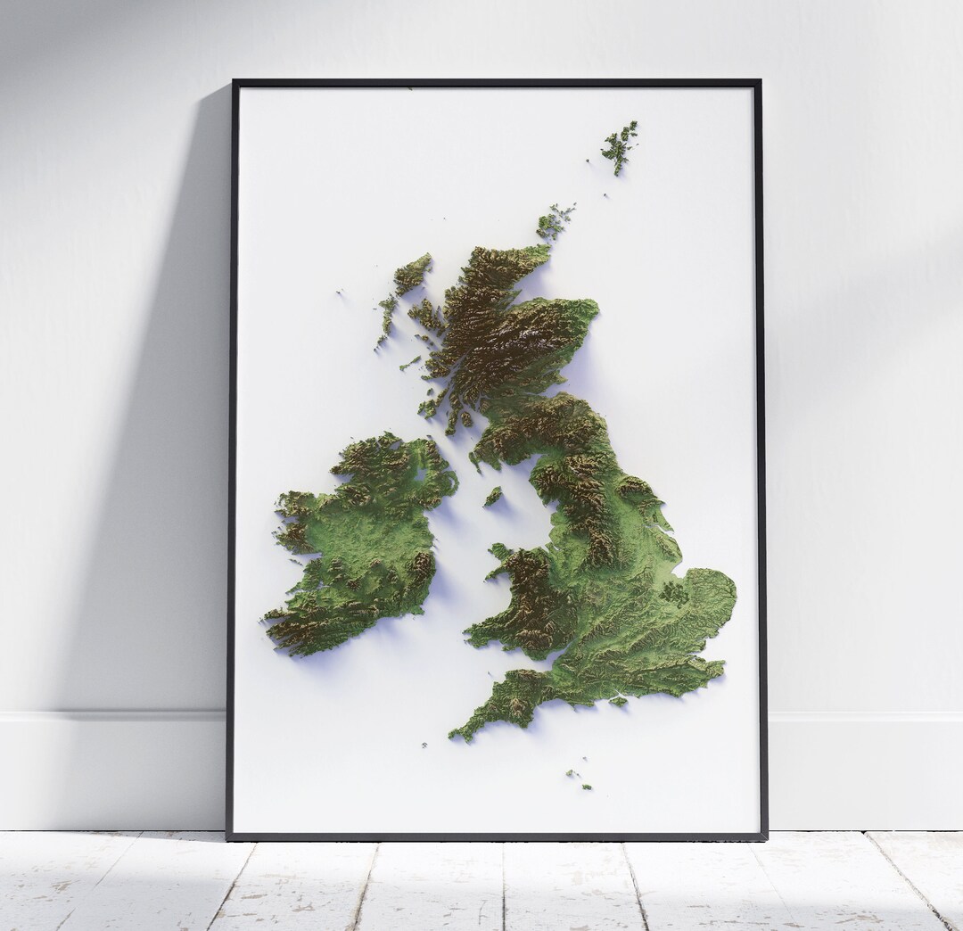 British Isles ~ 2D Shaded Relief Print ~ Plain Topographic Map Poster ...