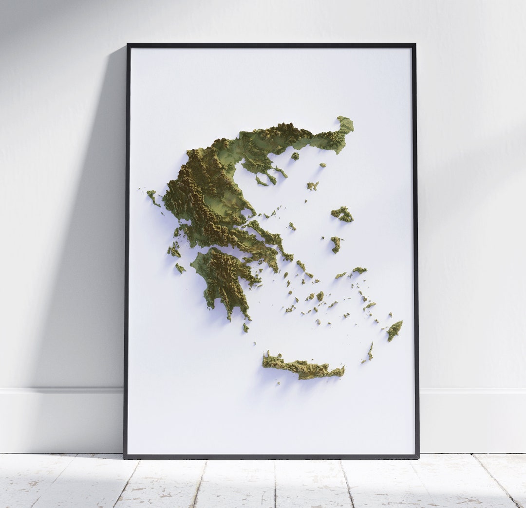 Greece Map ~ Flat 2D Shaded Relief Topographic Print ~ Poster Wall Art ...