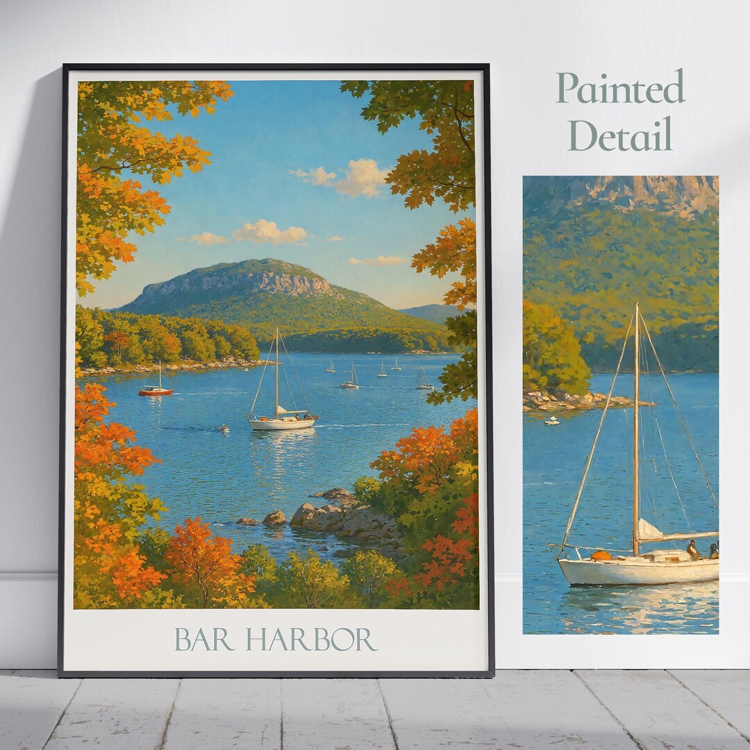Bar Harbor Maine Travel Poster: Sailboats & Autumn Colors - Etsy