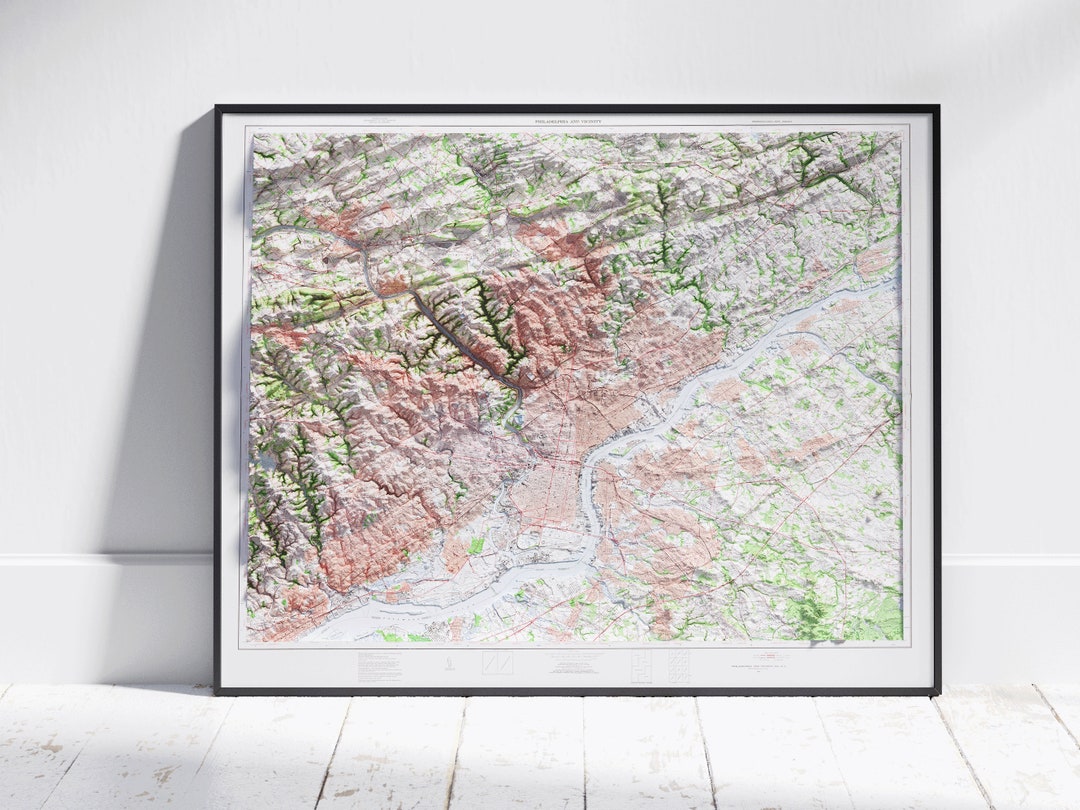 Philadelphia Vintage Map Shaded Relief Flat 2D Print ~ Poster Wall Art ...
