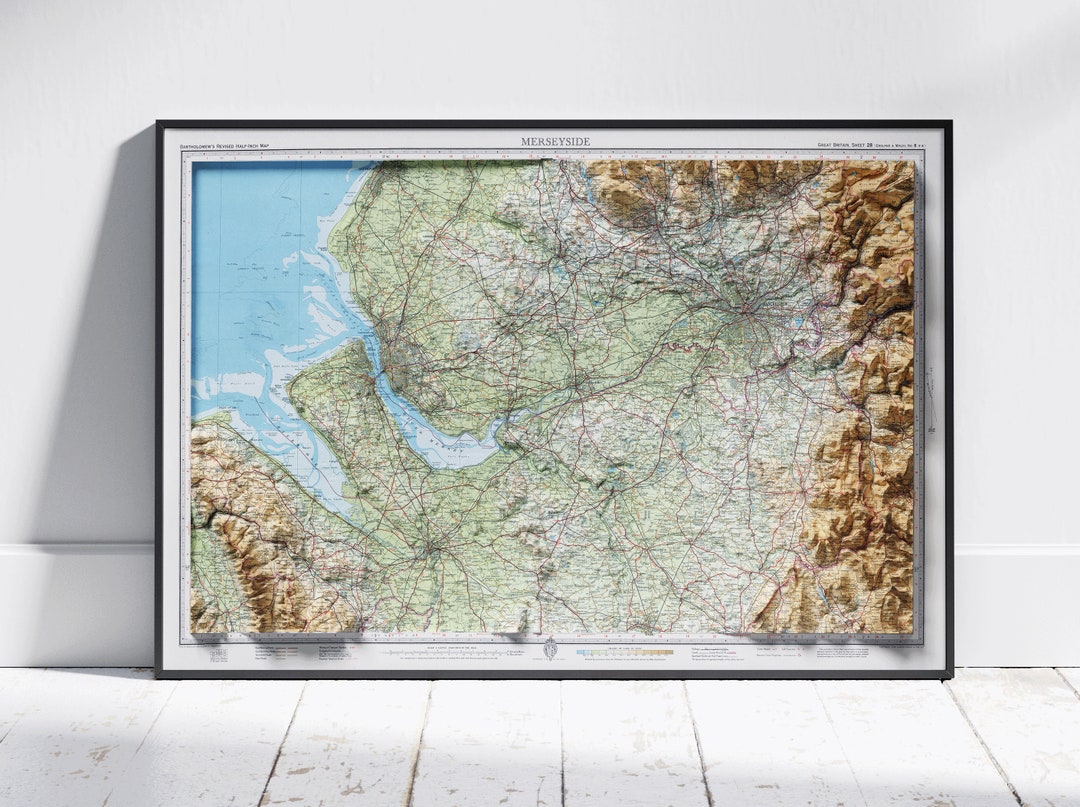 Merseyside ~ Flat 2D Shaded Relief Map Vintage Atlas Style Print Poster ...