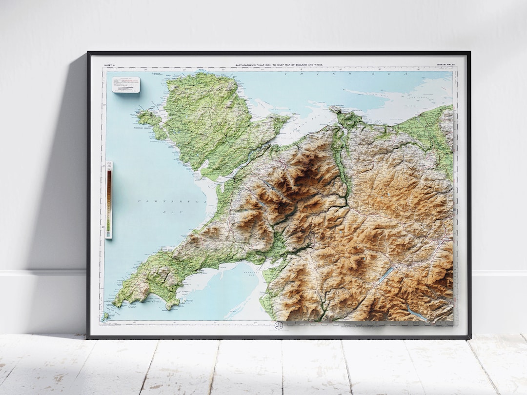 North Wales, Anglesey & Snowdonia Vintage Style Flat 2D Shaded Map ...