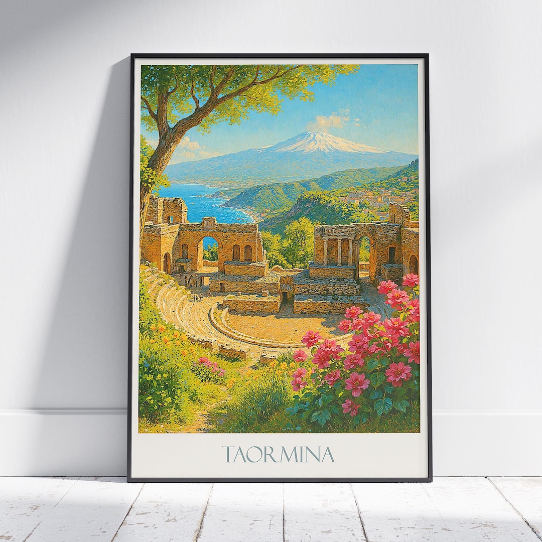 Taormina Travel Poster, Sicily Teatro Antico Print | Italy Wall Art ...