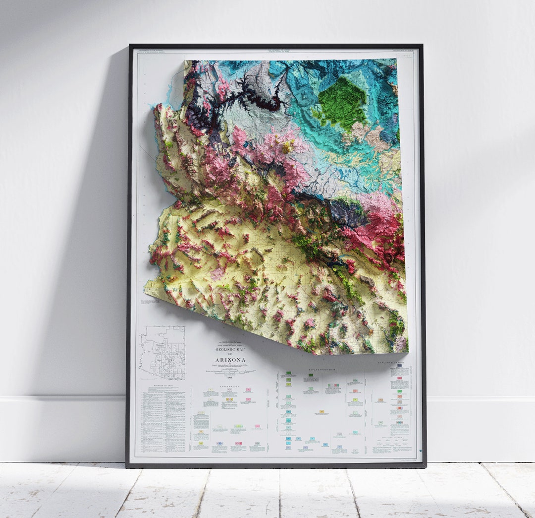 Mapa de relieve sombreado geológico 2D plano de Arizona Póster impreso ...