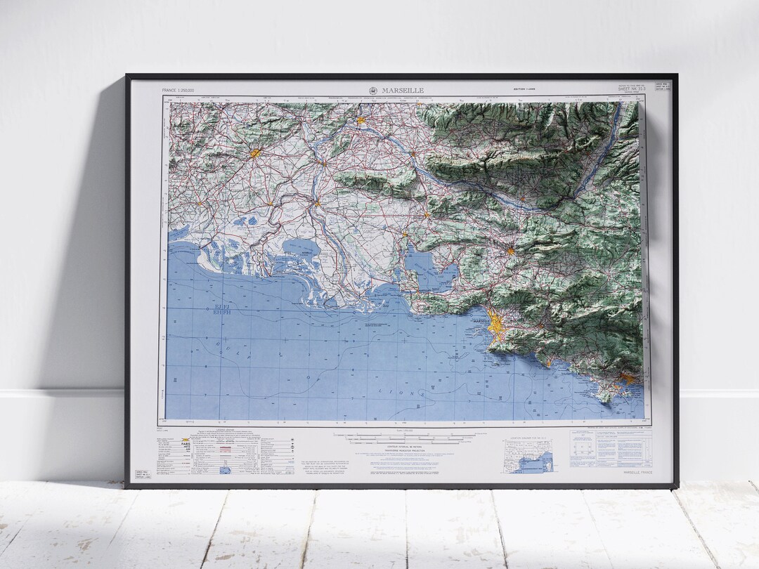 Marseille & Provence Vintage Shaded Relief Map Flat 2D Print ~ Poster ...