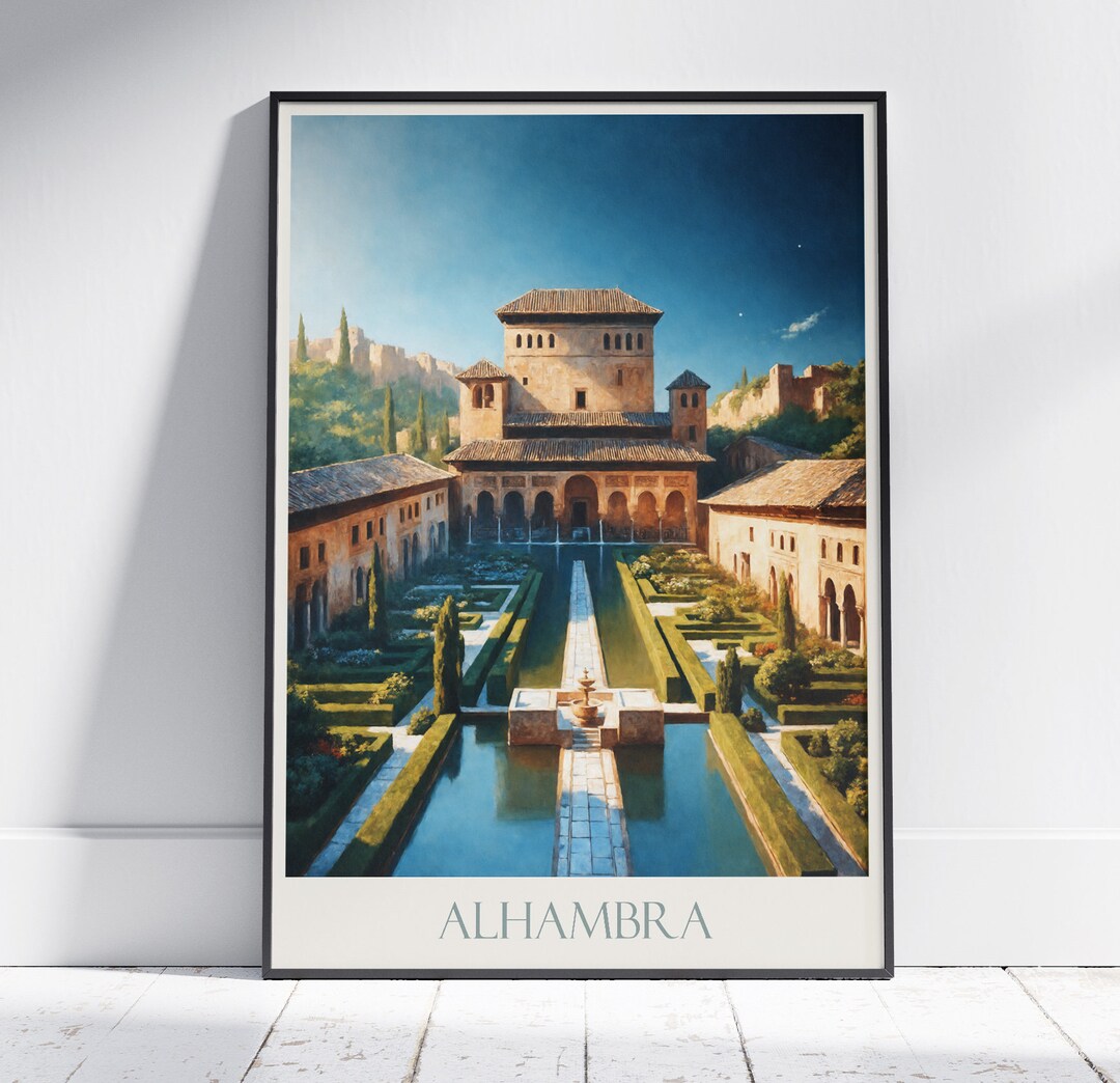 Alhambra Travel Print, Granada Spain Travel Poster Painted Wall Art ...