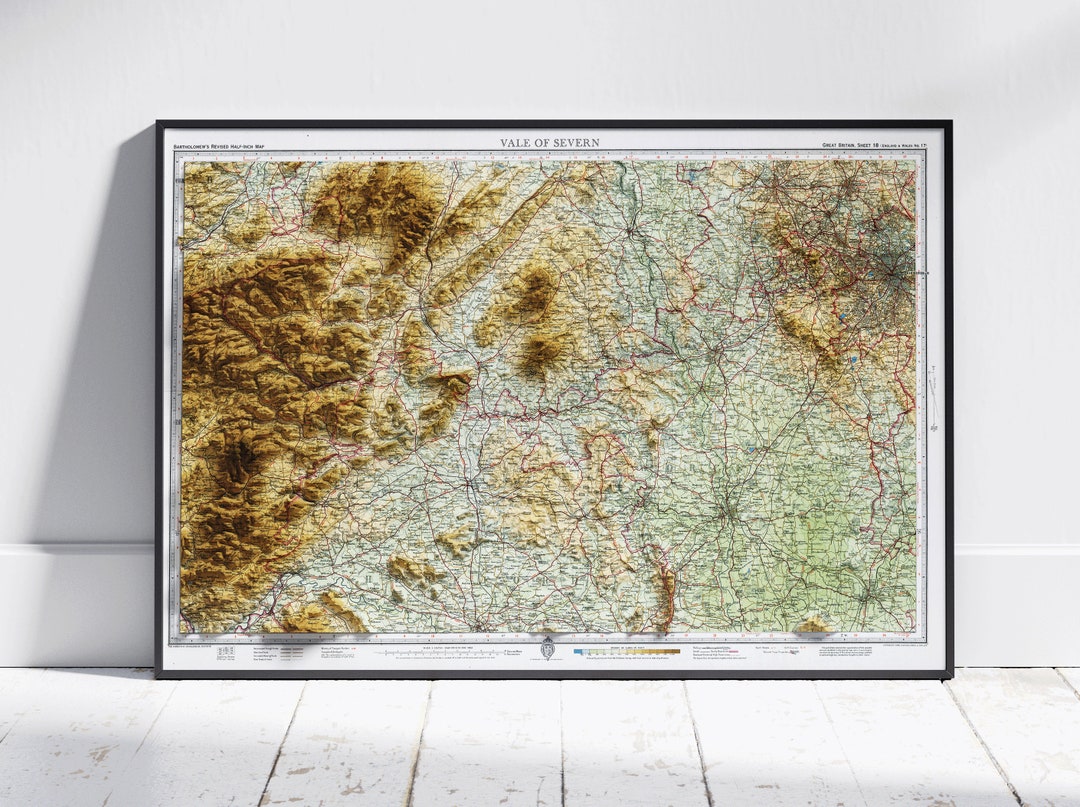 Vale of Severn ~ Flat 2D Shaded Relief Map Vintage Atlas Style Print ...
