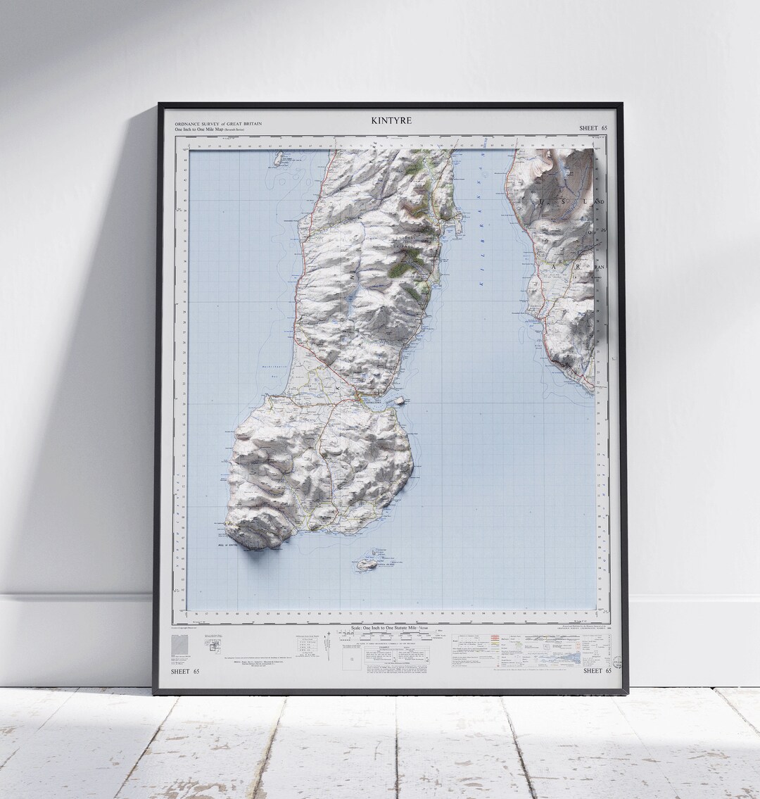 Kintyre ~ Flat 2D Shaded Map Vintage Style Print Poster Wall Art Decor ...