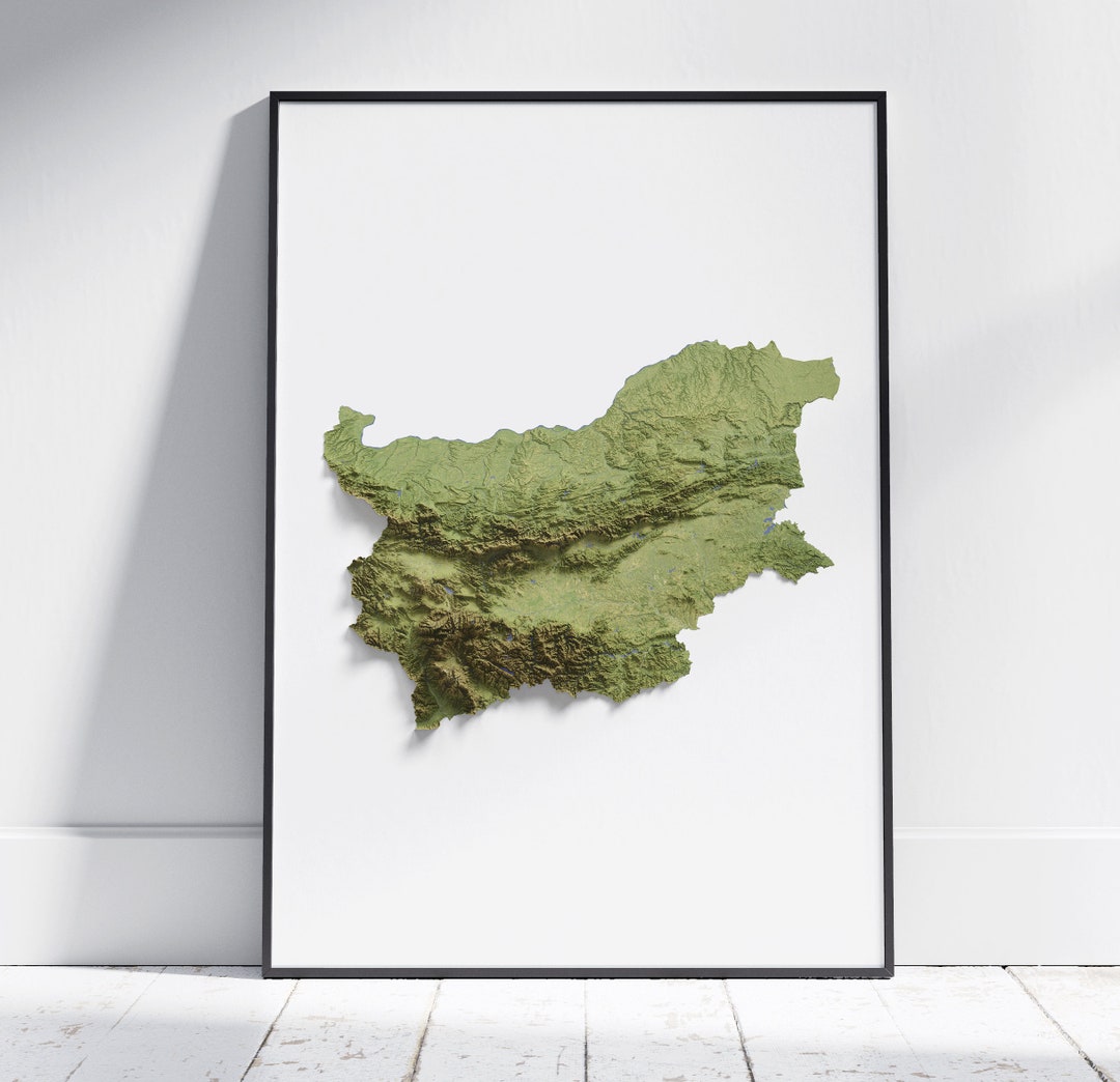 Bulgaria Map Print ~ Flat 2D Topographic Relief ~ Shaded Poster Wall ...
