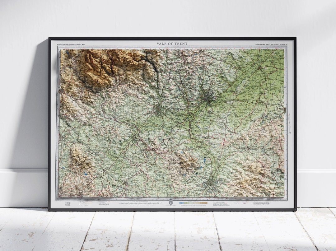 Vale of Trent Flat 2D Shaded Relief Map Vintage Atlas Style Print ...