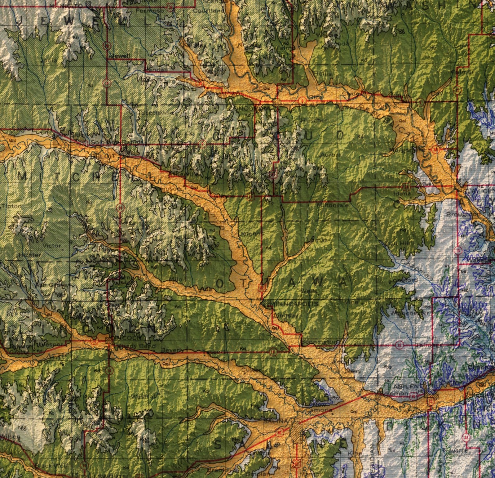 Kansas Vintage Geological Map Shaded Relief Flat 2D Print Poster Wall ...