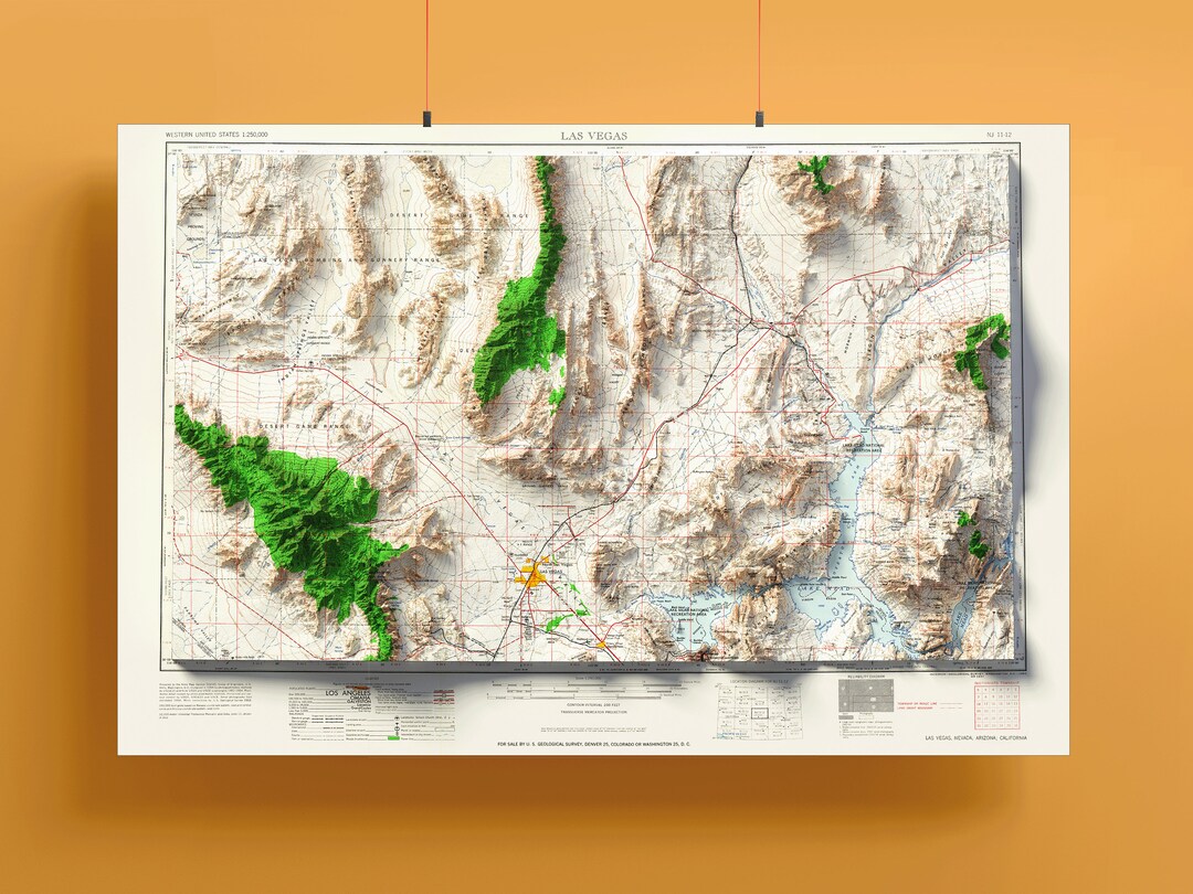 Las Vegas: Retro 1962 Flat 2D Map Print ~ Shaded Relief Poster Wall Art ...