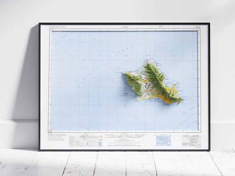 Oahu, Hawaii Map Vintage Shaded Relief Flat 2D Print Poster Wall Art ...