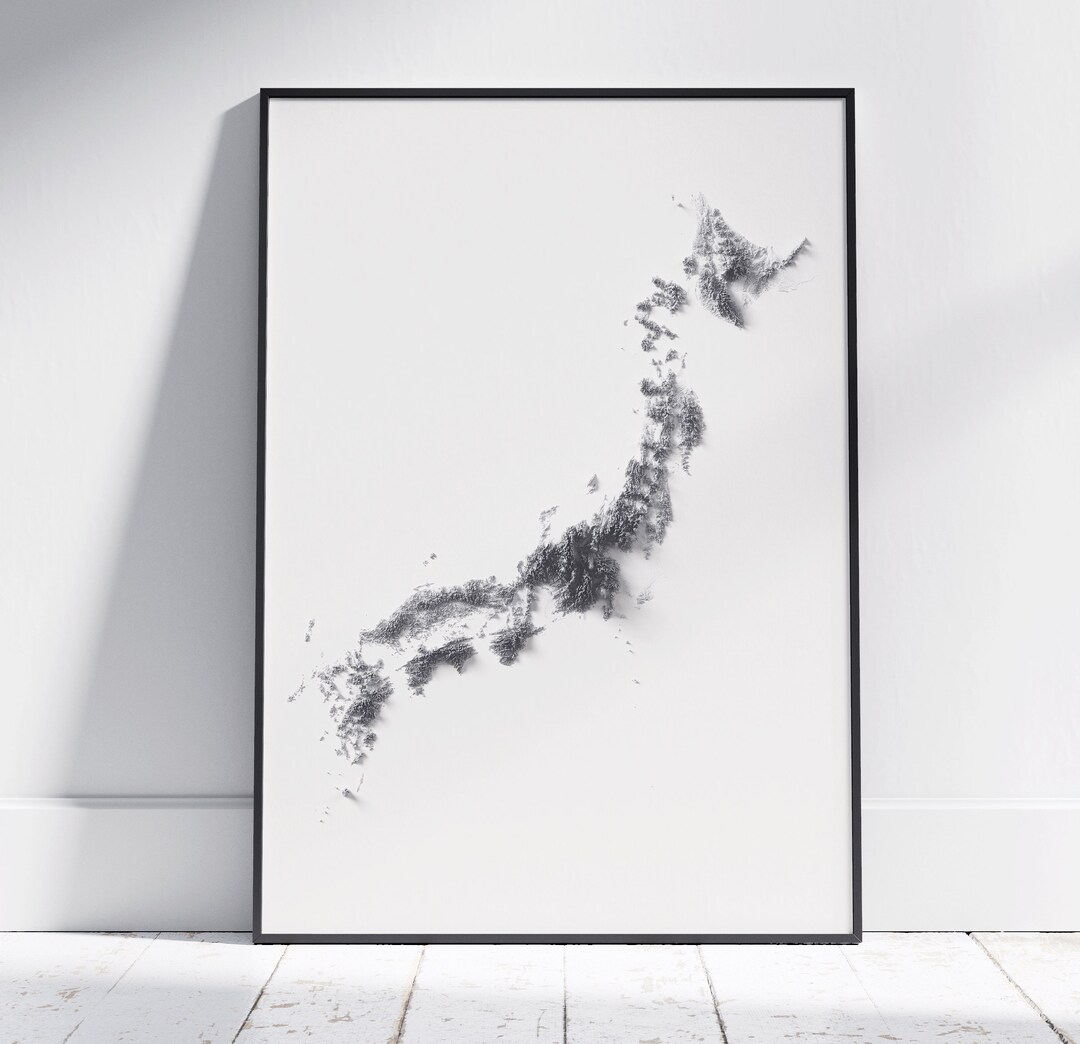 Japan ~ Modern Flat 2D Shaded Relief Print ~ Plain Topographic Map ...