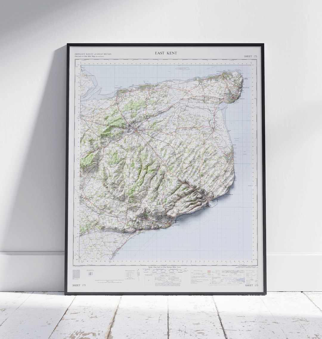 East Kent Flat 2D Shaded Relief Map Vintage Style Print Poster Wall Art ...