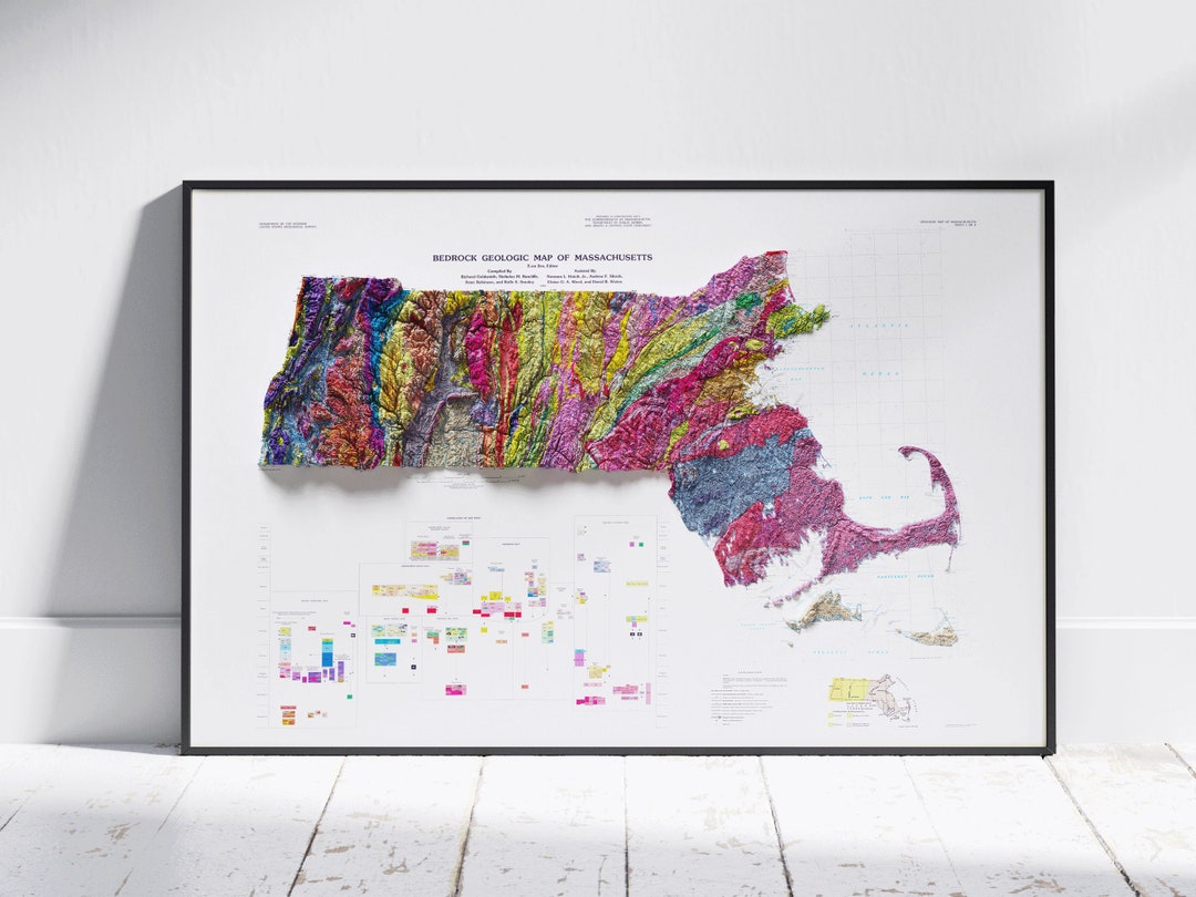 Massachusetts Geological Flat 2D Shaded Relief Map ~ Print Poster Wall ...