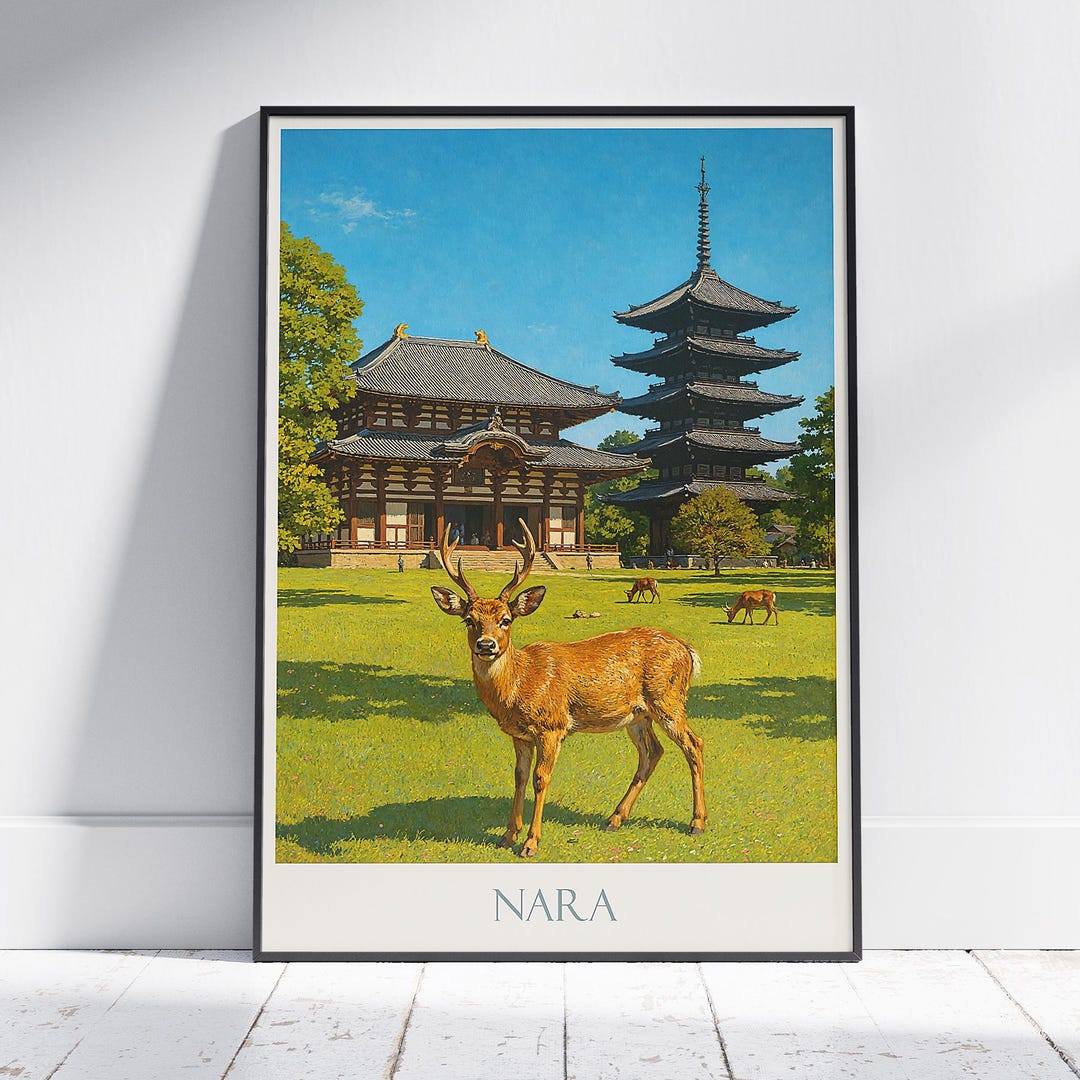 Nara Japan Travel Poster | Iconic Todai-ji Temple & Shika Deer Art ...