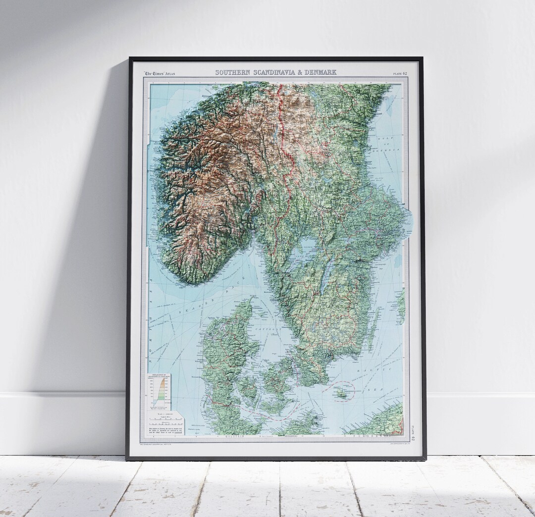 Southern Scandinavia & Denmark, Vintage Map Flat 2D Topographic Shaded ...