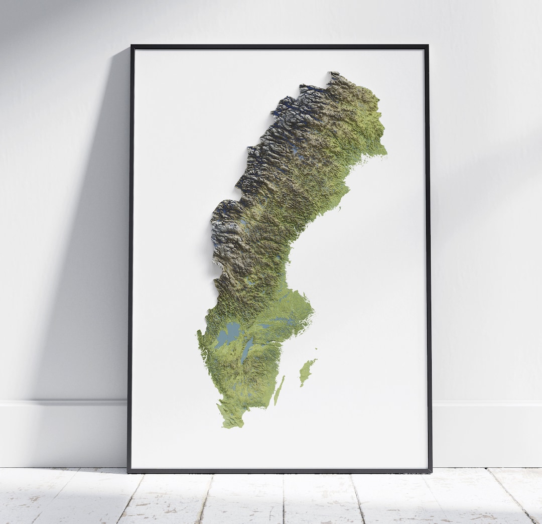 Sweden Map Print ~ Flat 2D Topographic Relief ~ Shaded Poster Wall Art ...