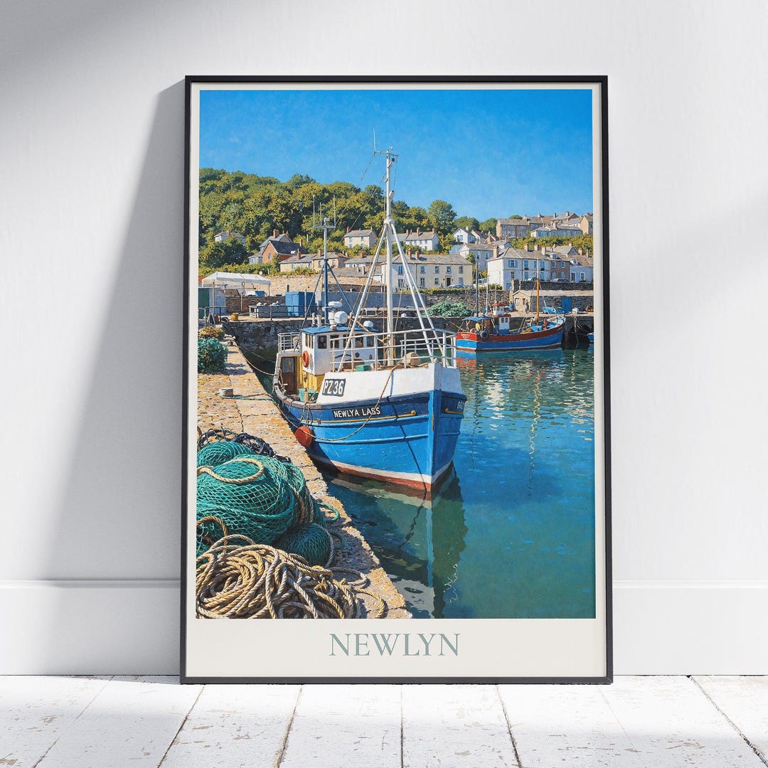 Newlyn Cornwall Travel Poster: Fishing Boat Harbour Scene Painted Art ...