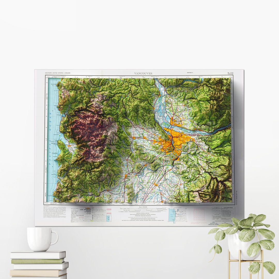 Portland Oregon Vintage Map 2D Topographic Shaded Relief - Etsy