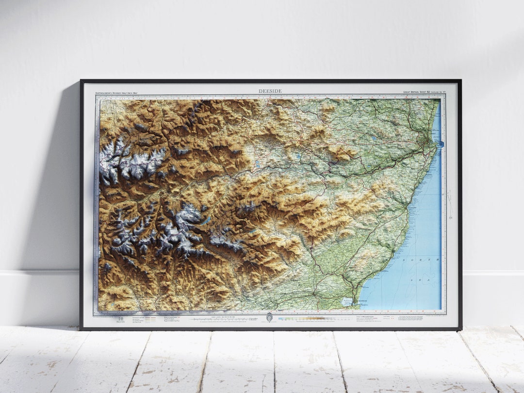 Deeside, Scotland ~ Vintage Style Flat 2D Shaded Relief Map Print ...