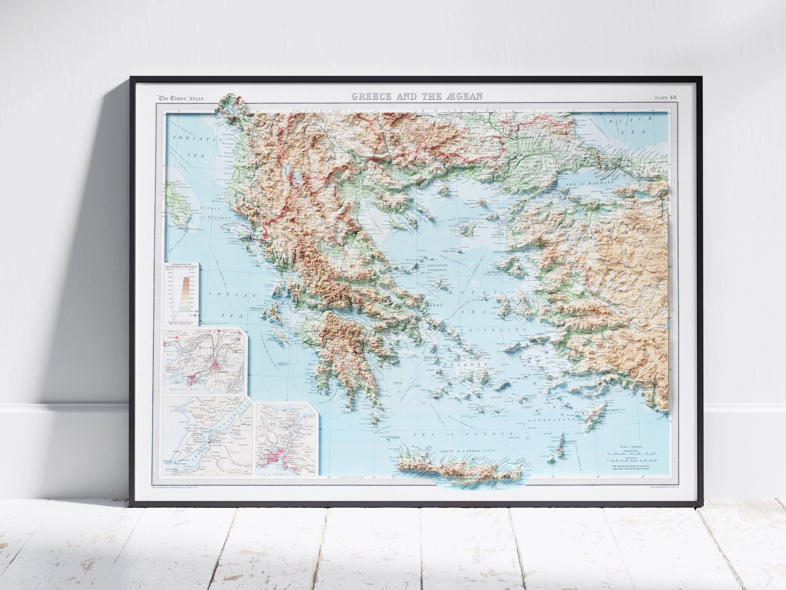 Greece & the Aegean Vintage Map Flat 2D Topographic Shaded Relief Print ...
