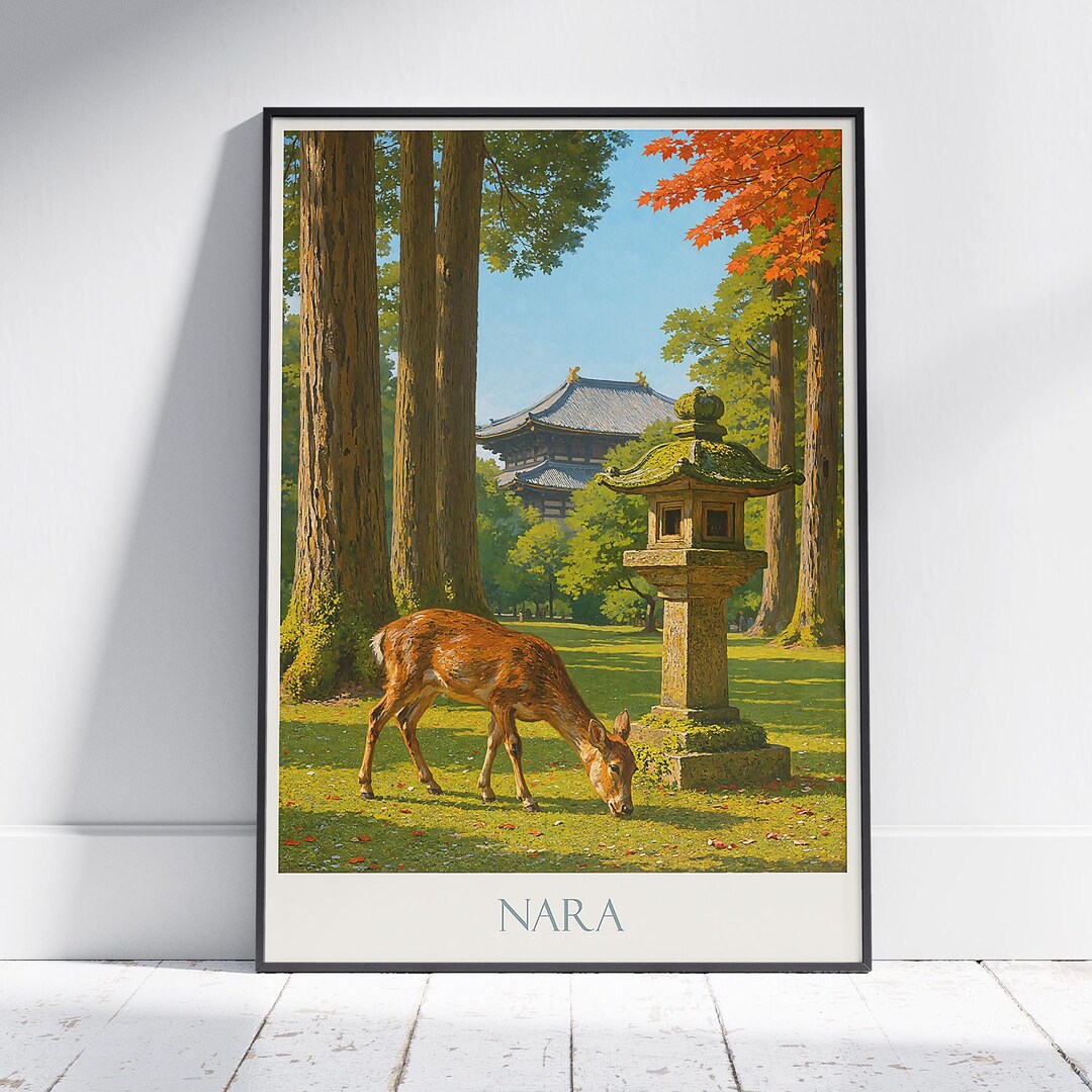 Nara Japan Travel Poster: Todai-ji Temple & Deer Art Print - Etsy