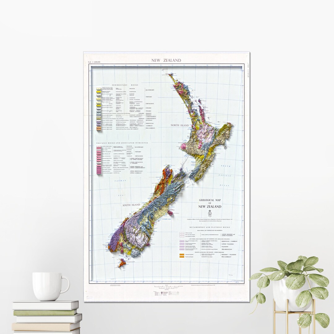 New Zealand Geological Vintage Map Flat 2D Shaded Relief Print Poster ...