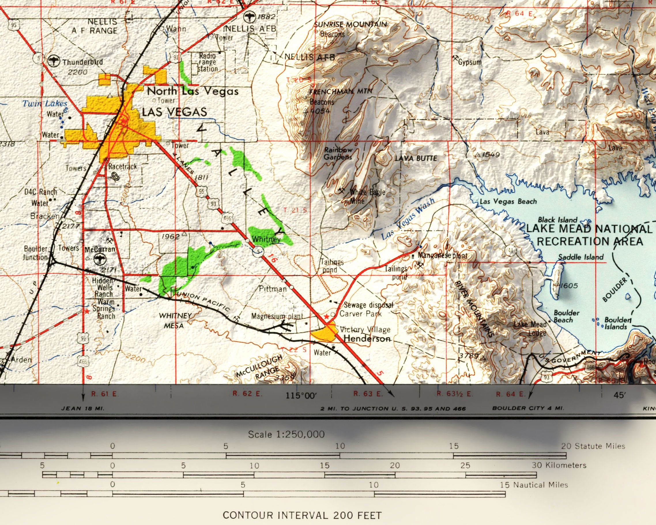 Las Vegas: Retro 1962 Flat 2D Map Print Shaded Relief Poster Wall Art ...