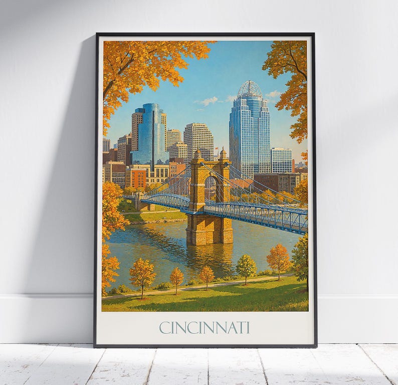 Cincinnati Travel Poster ~ Ohio Roebling Bridge Art Print | Skyline ...