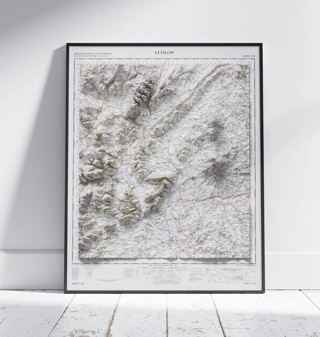 Ludlow & Leominster Flat 2D Shaded Relief Map Vintage Style Print ...