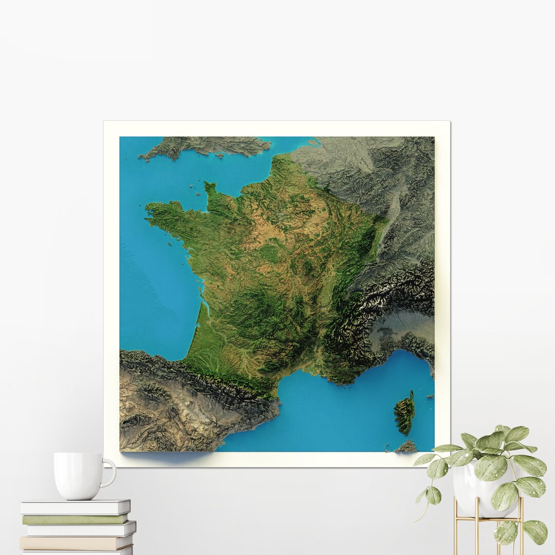 France 2D Aerial Imagery Shaded Relief Map Topographic Print - Etsy