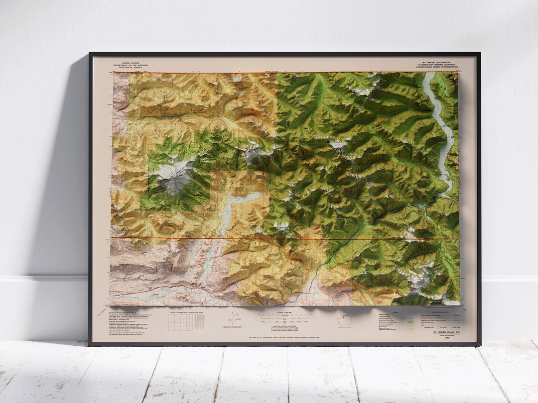 Mount Baker, Washington ~ Shaded Map Flat 2D Print ~ Poster Wall Art ...